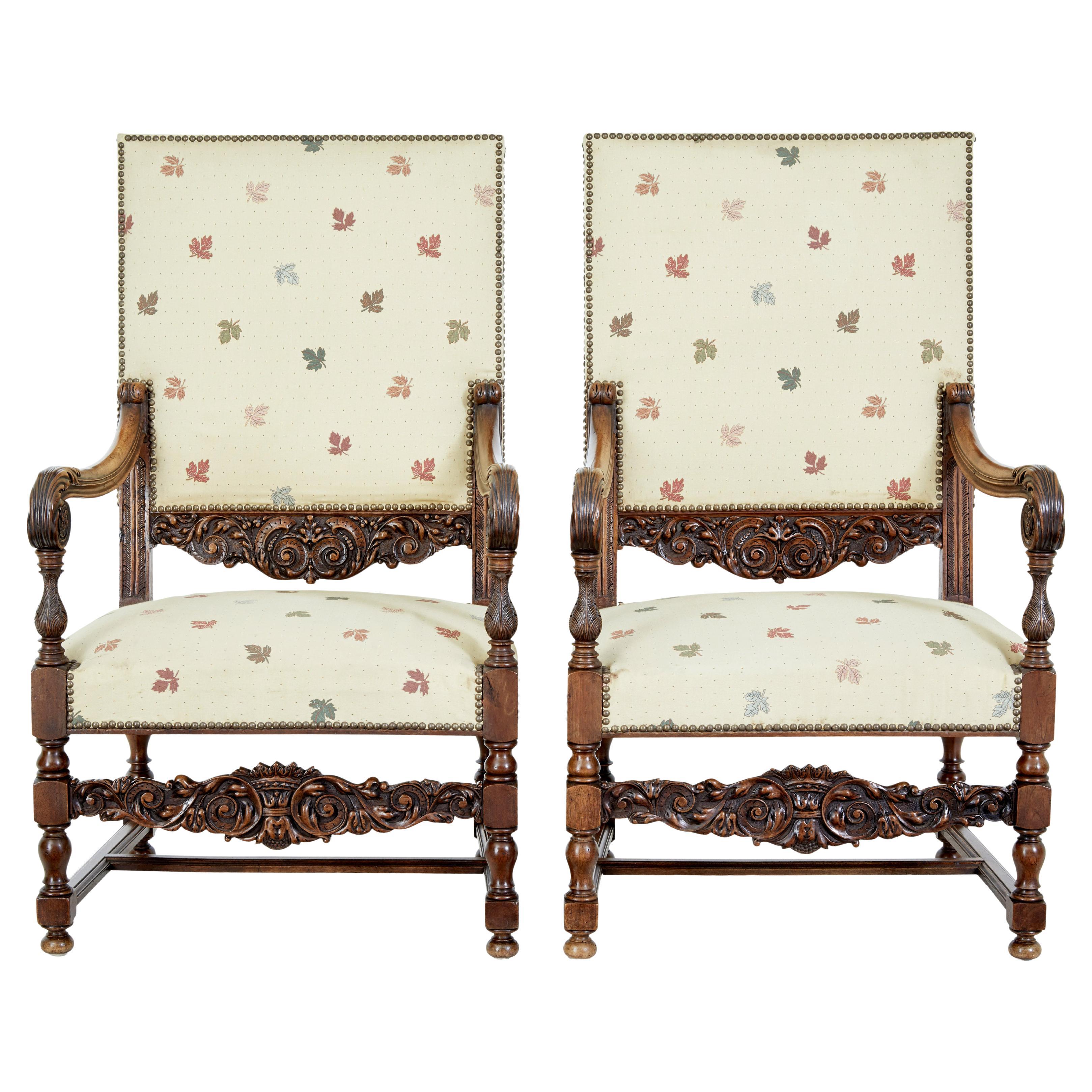 Large 19th Century French Carved Walnut Armchairs For Sale at 1stDibs