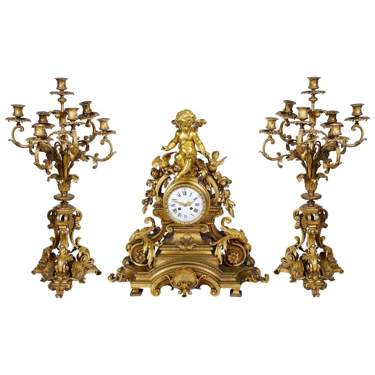 Large 19th Century French Gilded Clock Set For Sale at 1stDibs