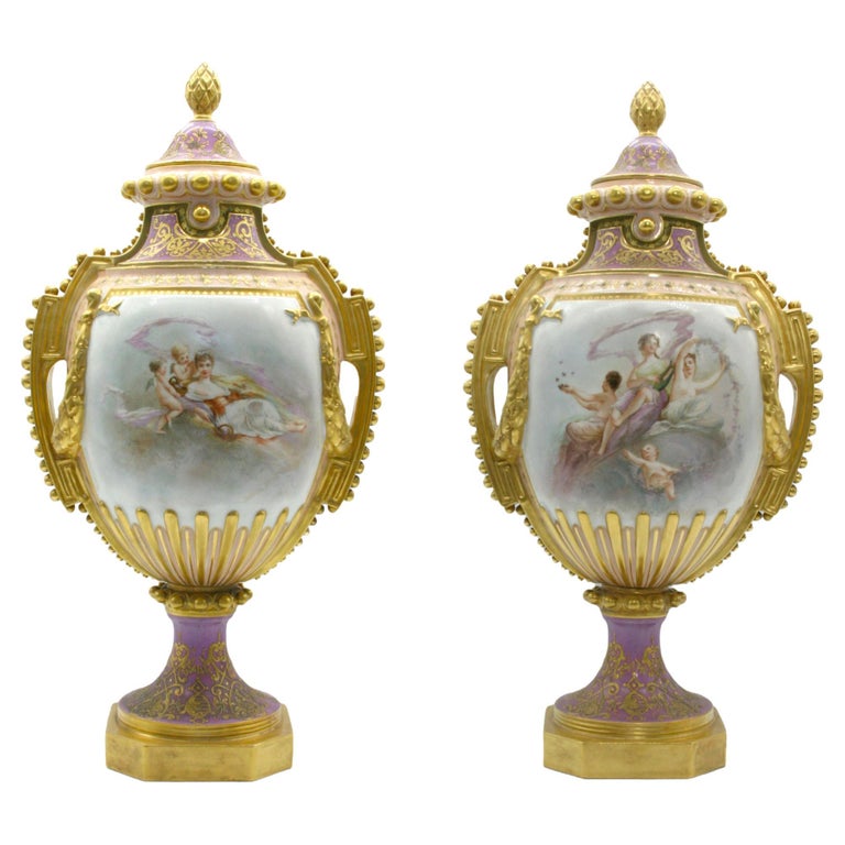 Large 19th Century Gilt/ Painted Porcelain Pair Urn For Sale at 1stDibs