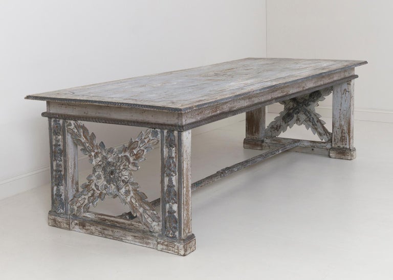 Large 19th Century Richly Carved Trestle Table in Original Paint from ...