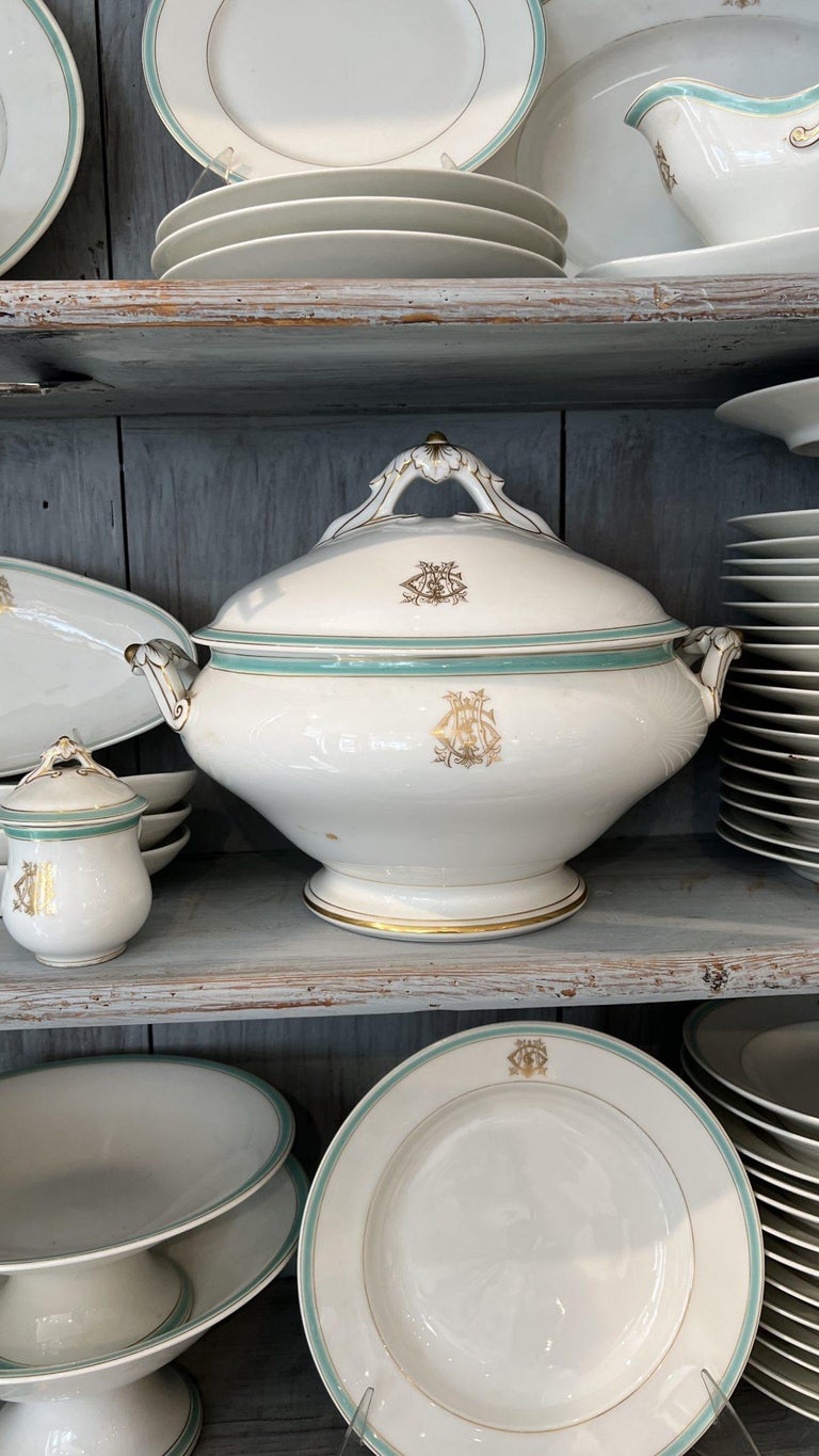 Large 19th Century Set of White and Aqua China (Monogrammed) For Sale ...