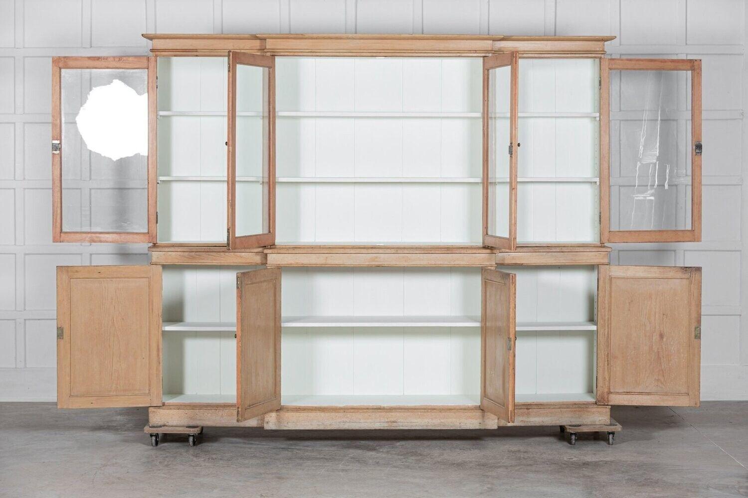 Large 19th C Estate Made English Glazed Pine Breakfront Bookcase at 1stDibs