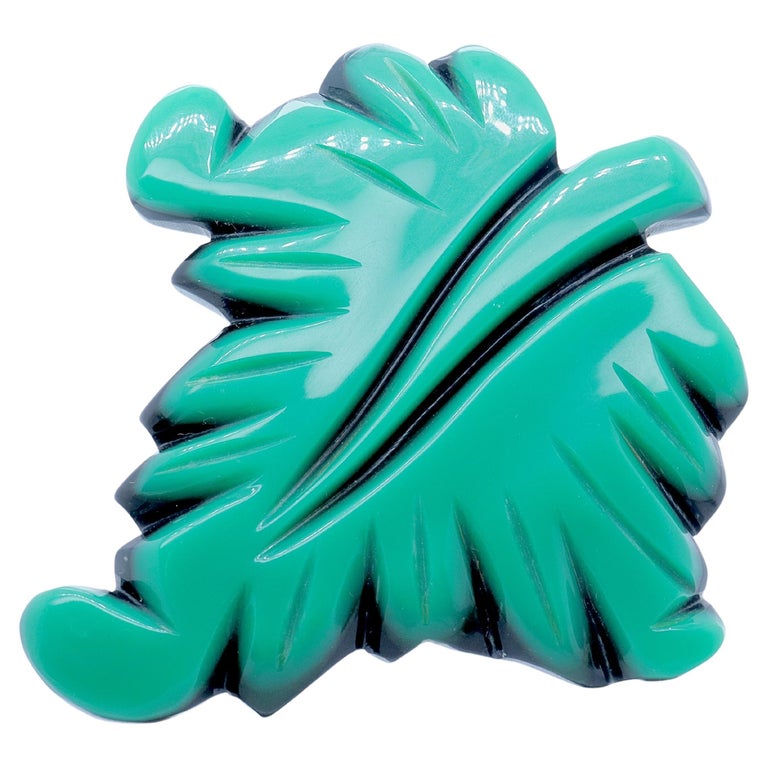 Large 2-Color Green and Black Bakelite Leaf Brooch or Coat Pin For Sale ...