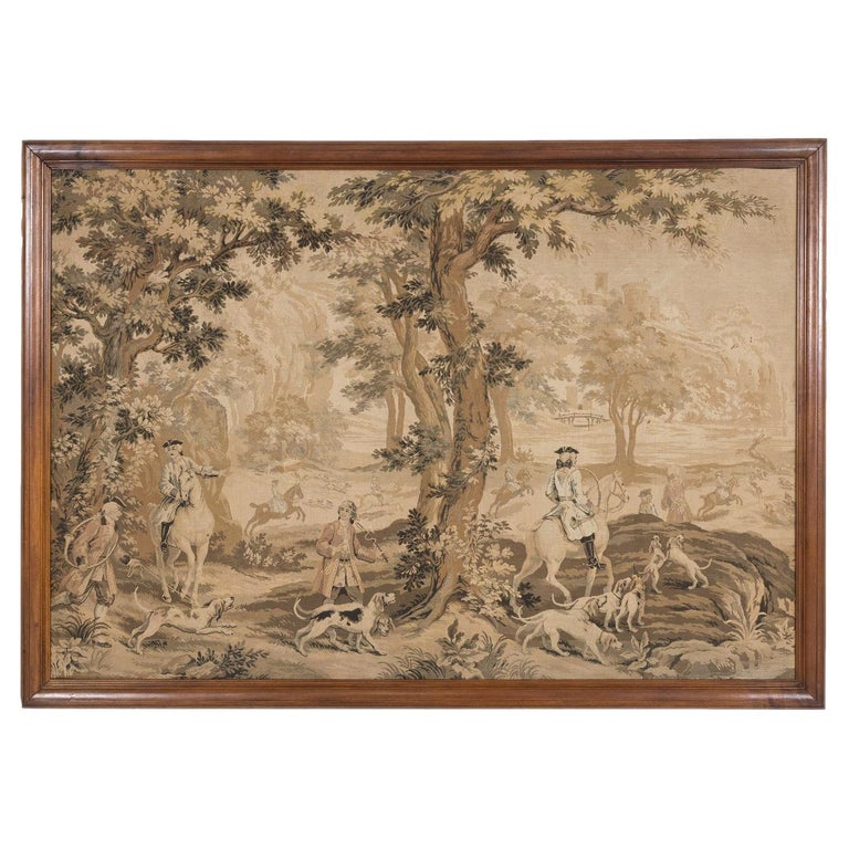 Large 20th Century Framed French Hunting Scene Tapestry For Sale at 1stDibs