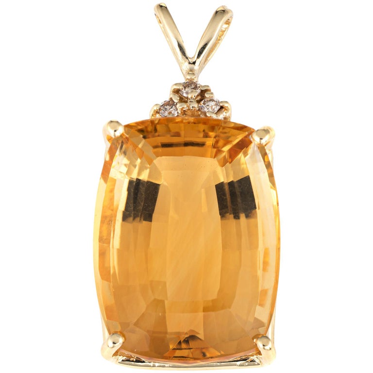 Large 31 Carat Yellow Citrine Diamond Pendant 14 Karat Gold Fine Estate ...