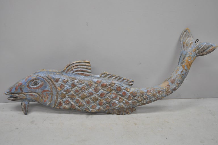 Large Hand Carved Solid Wood Koi Fish Carving Sculpture Figure Blue ...