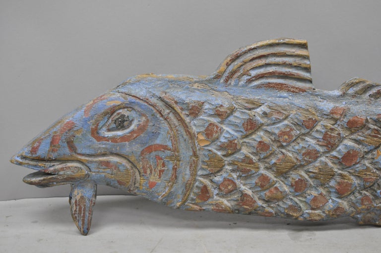 Large Hand Carved Solid Wood Koi Fish Carving Sculpture Figure Blue ...