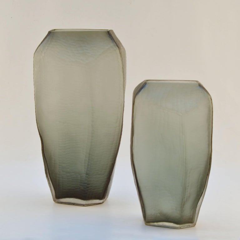 Large Abstract Blown Glass Smoked Vases Etched For Sale at 1stDibs