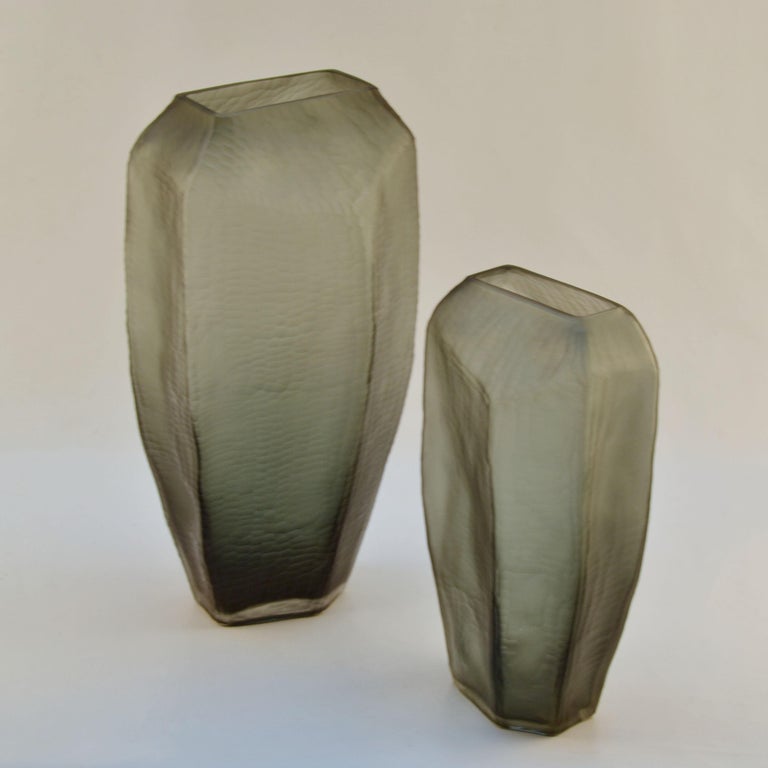 Large Abstract Blown Glass Smoked Vases Etched For Sale at 1stDibs