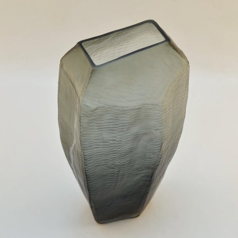 Large Abstract Blown Glass Smoked Vases Etched For Sale at 1stDibs