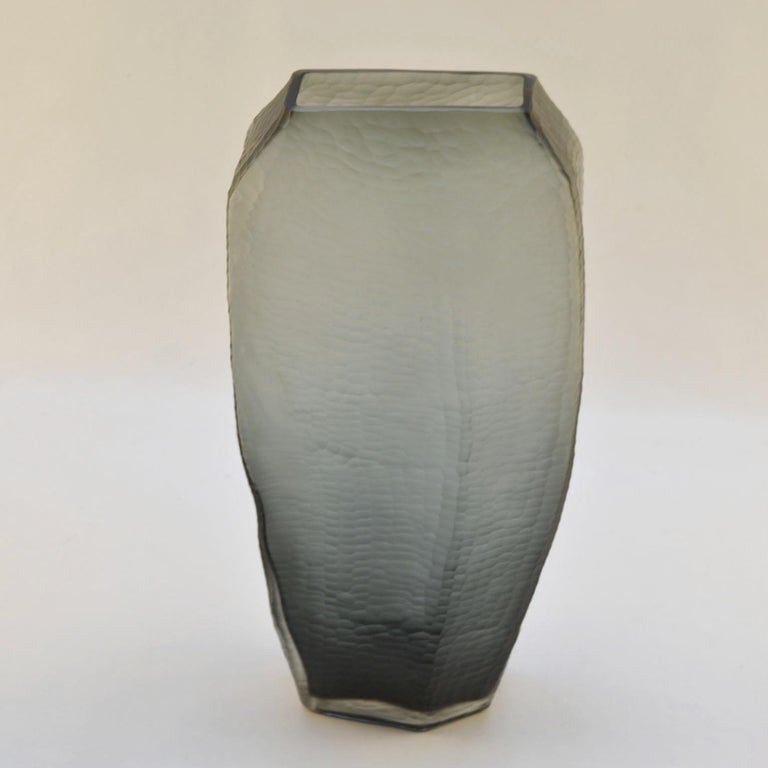 Large Abstract Blown Glass Smoked Vases Etched For Sale at 1stDibs
