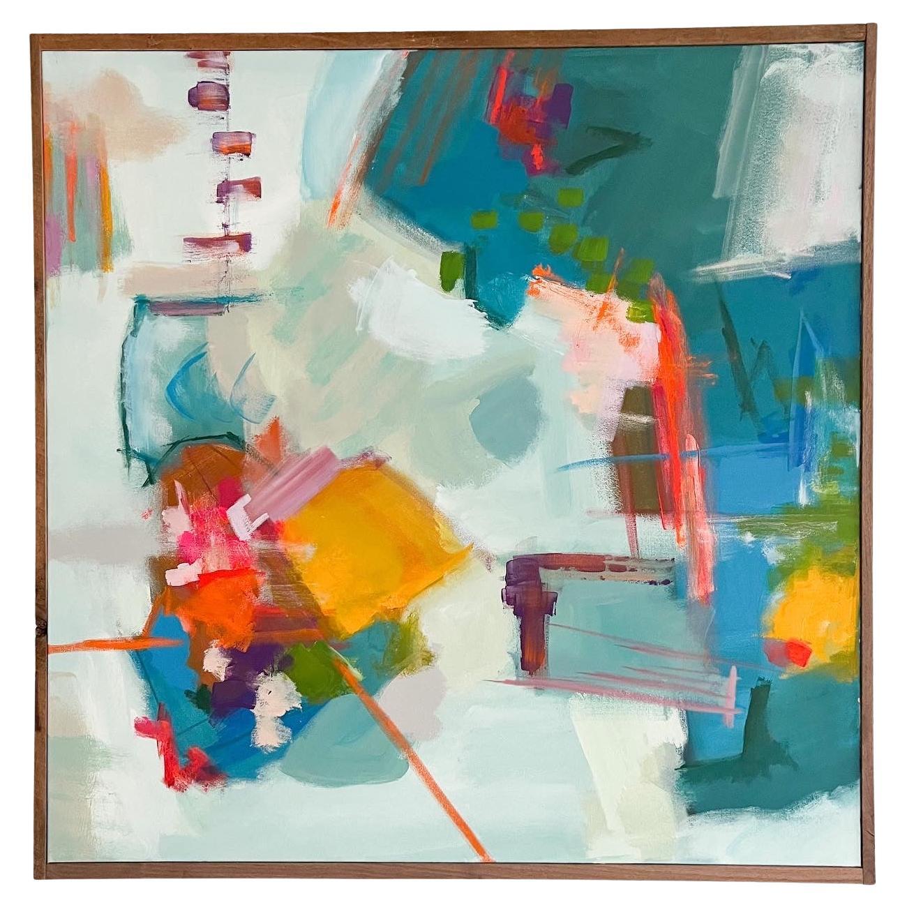 Large Abstract Contemporary Geometric Art, Acrylic on Canvas W/ Walnut ...