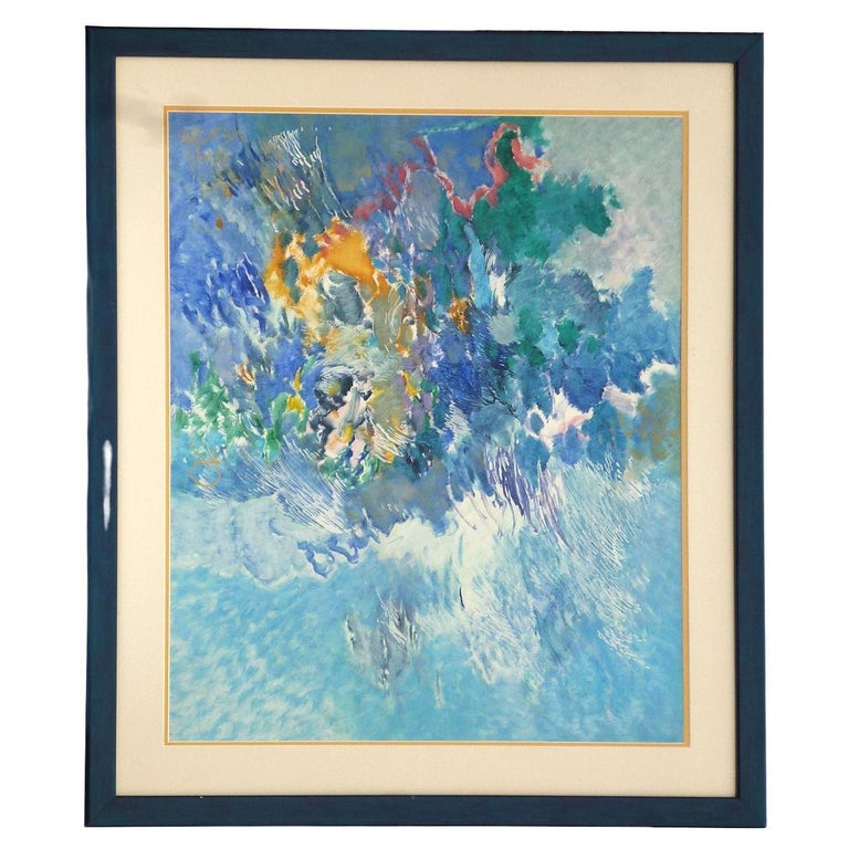 Large abstract painting titled "reflection blue" and initialled "CV ...