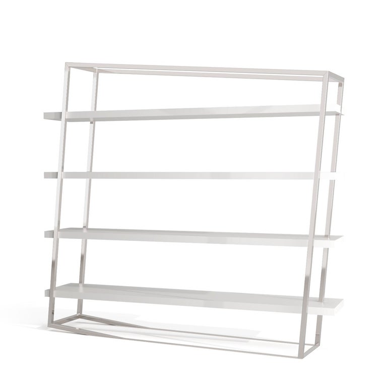 Large Accent Bookcase with Shelves in White Lacquer and Brushed ...
