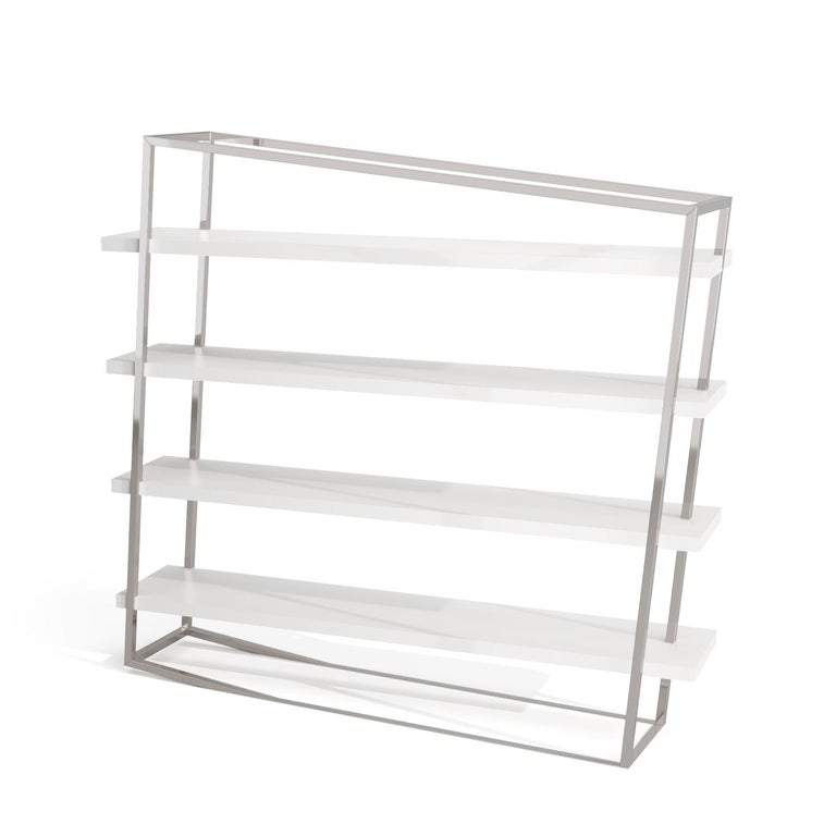 Large Accent Bookcase with Shelves in White Lacquer and Brushed ...
