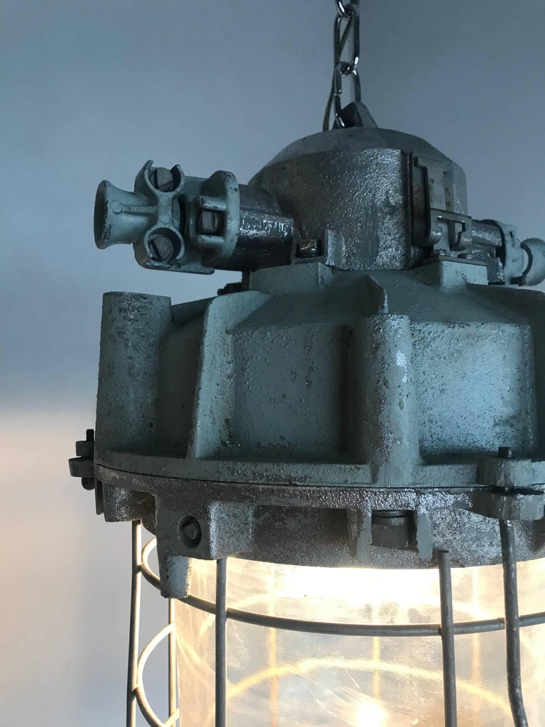 Large and Decorative 1920s Industrial Iron and Glass Caged Pendant ...