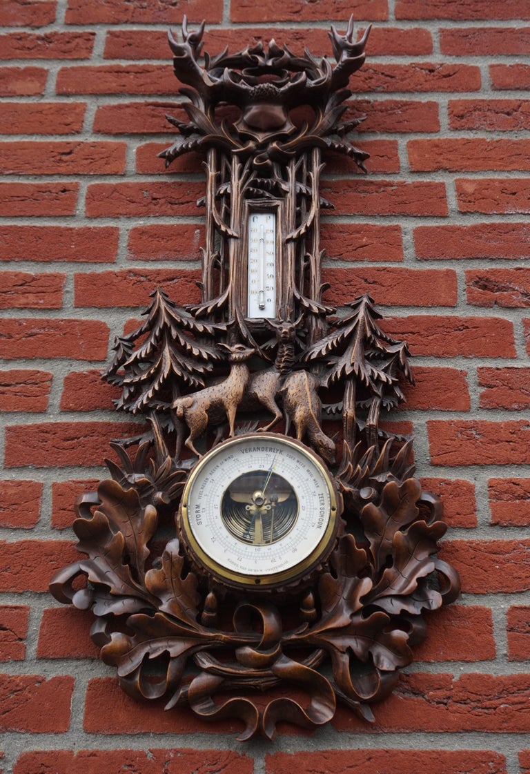 Large and Hand Carved Black Forest Barometer and Thermometer with Deer ...