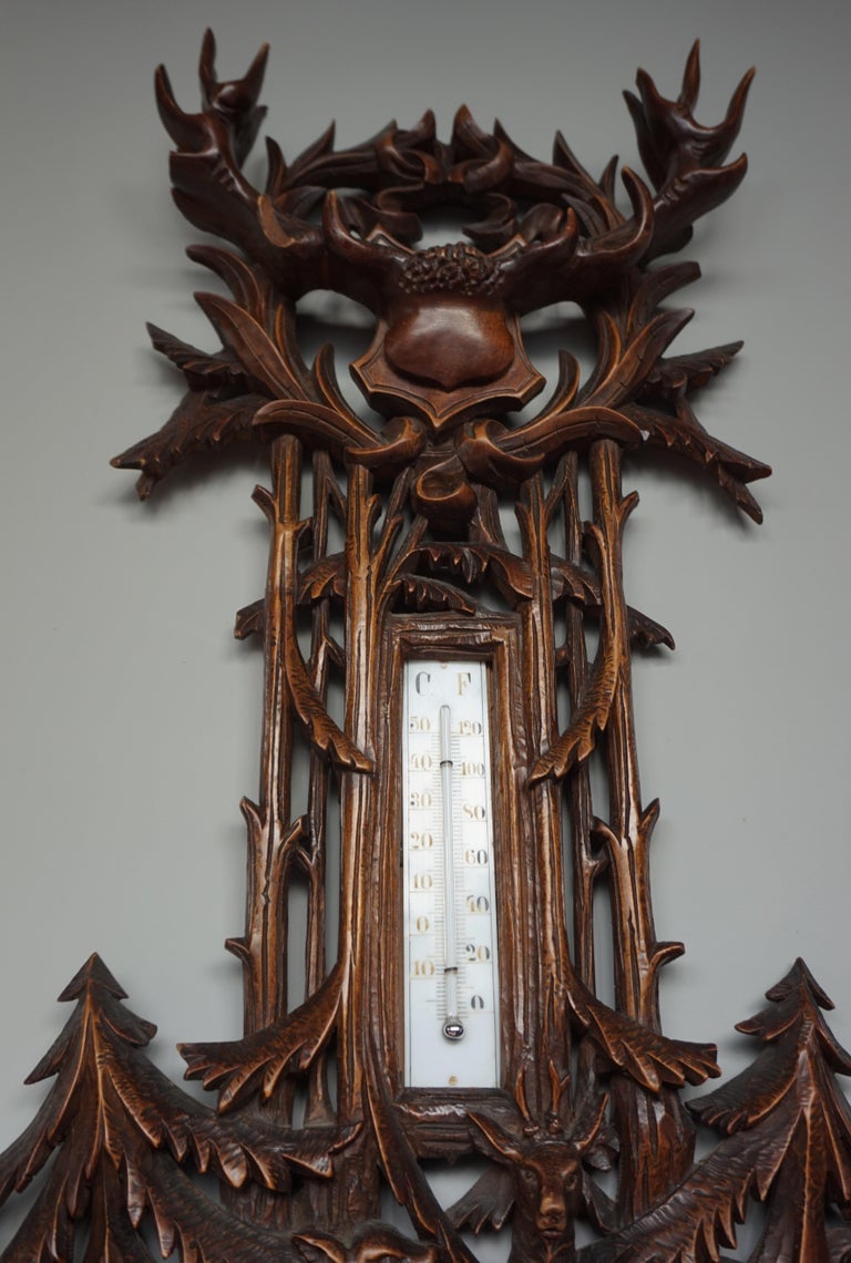 Large and Hand Carved Black Forest Barometer and Thermometer with Deer ...