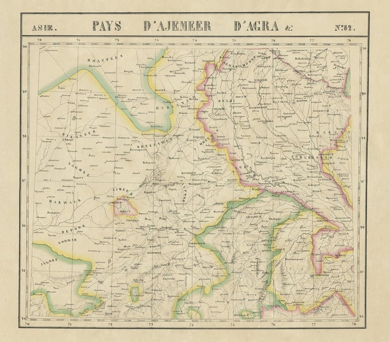 Large and Rare Antique Map of Northern India in Original Coloring, c ...