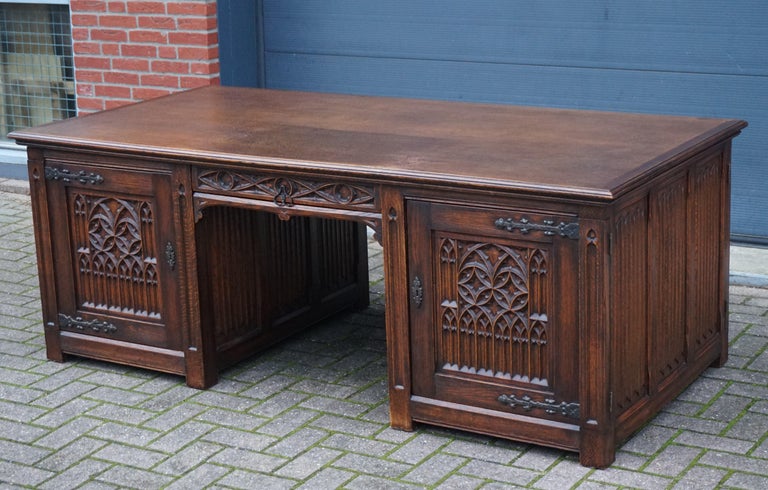 Large and Rare, Hand Carved Antique Gothic Revival Oak Partners Desk ...