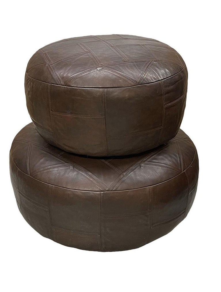Large and Small Brown Leather Poufs, 1970s For Sale at 1stDibs