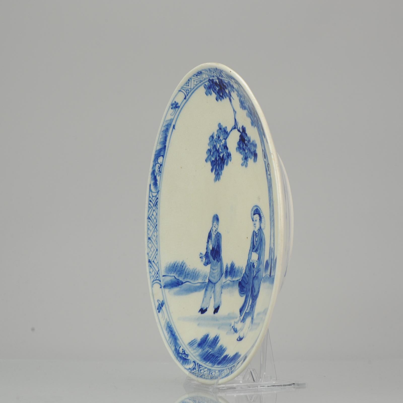 Large Antique 19 C Japanese Arita Blue and White Figures Tree Charger ...