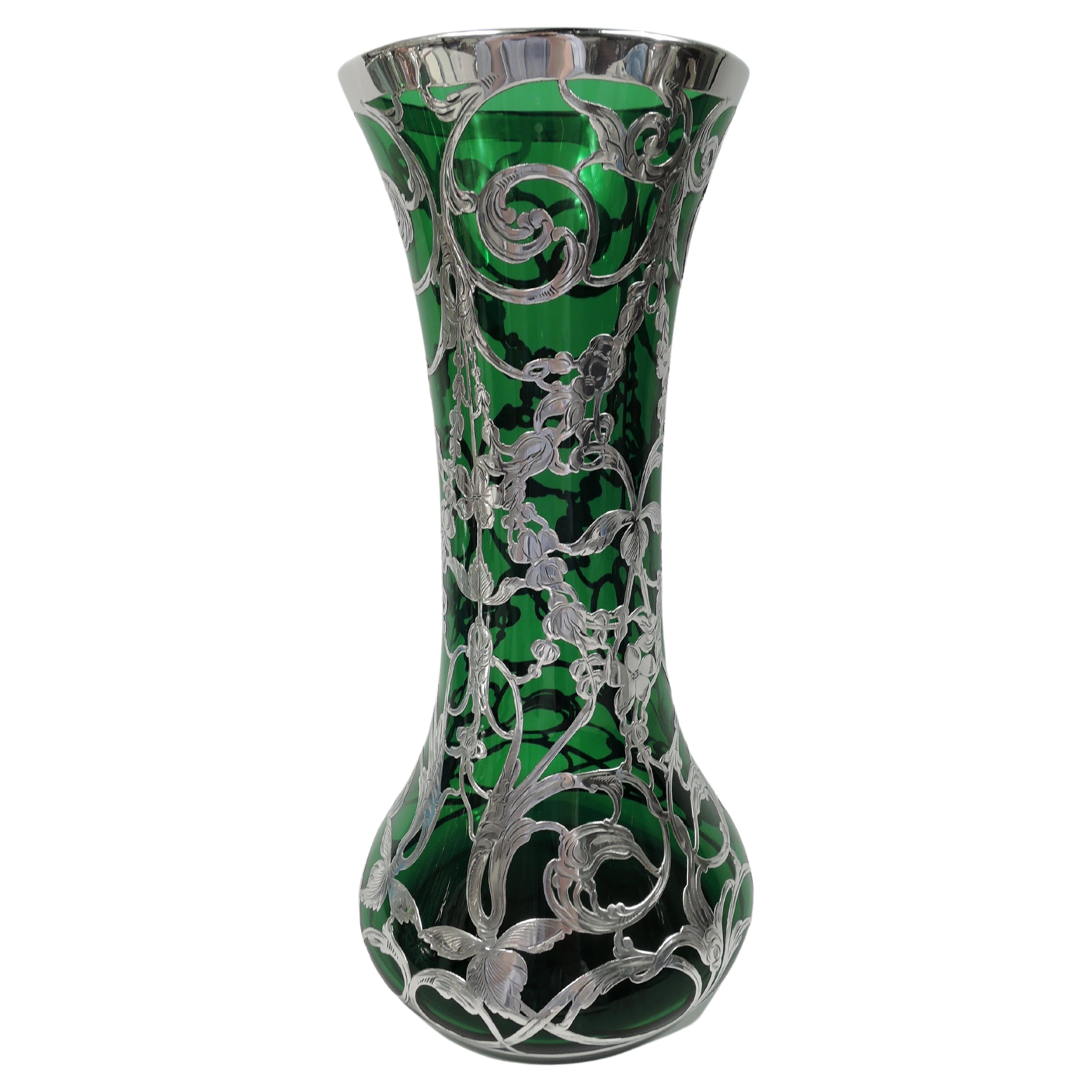 Antique American Art Nouveau Green Silver Overlay Vase For Sale at 1stDibs
