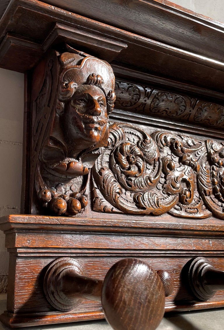Large Antique and Quality Carved Wooden Wall Coat Rack with Noble Men ...