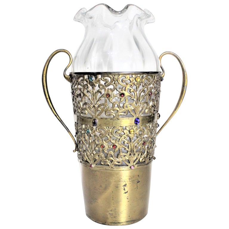 Large Antique Apollo Silver Co. Vase with Jewels and Brass Patinated ...