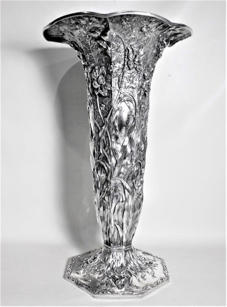 Large Antique Art Nouveau Silver Plated Trumpet Vase with Repousse ...