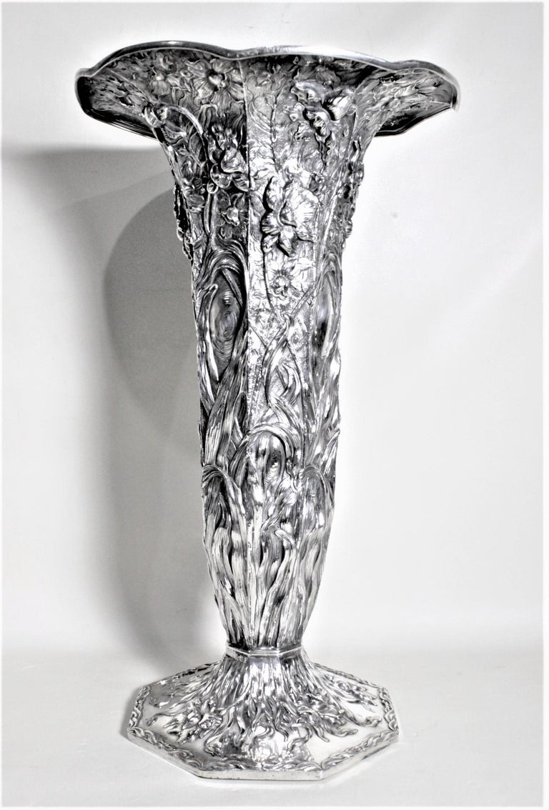 Large Antique Art Nouveau Silver Plated Trumpet Vase with Repousse ...