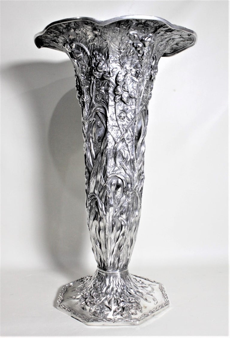 Large Antique Art Nouveau Silver Plated Trumpet Vase with Repousse ...
