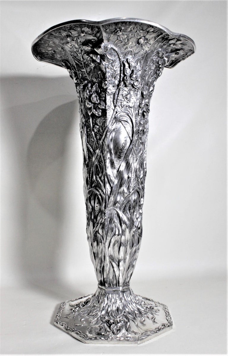 Large Antique Art Nouveau Silver Plated Trumpet Vase with Repousse ...
