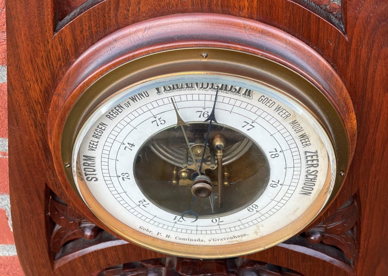 Large Antique Arts and Crafts Wall Barometer w. Hand Carved Roses and ...