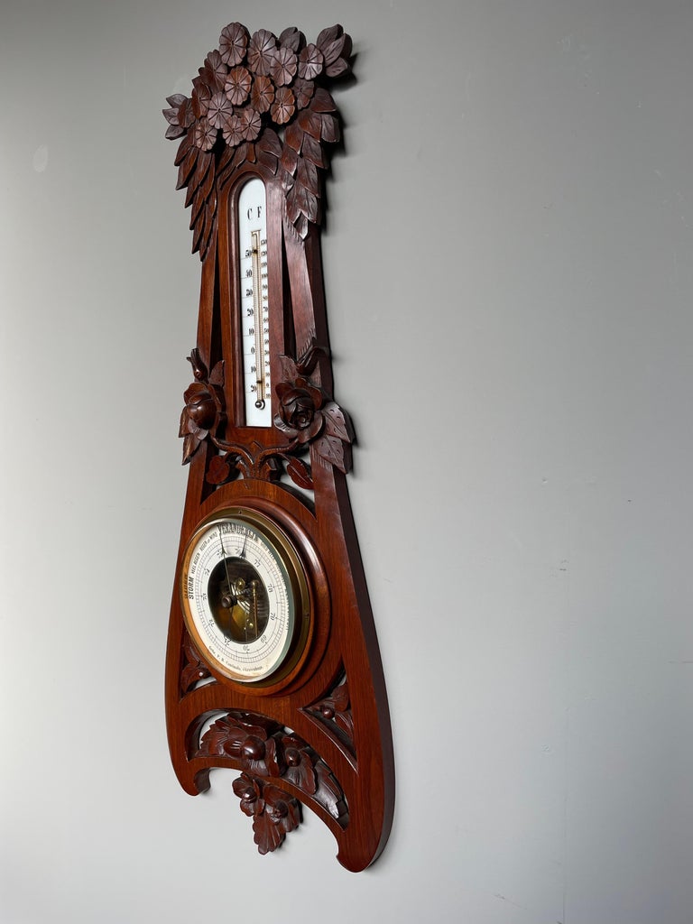 Large Antique Arts and Crafts Wall Barometer w. Hand Carved Roses and ...