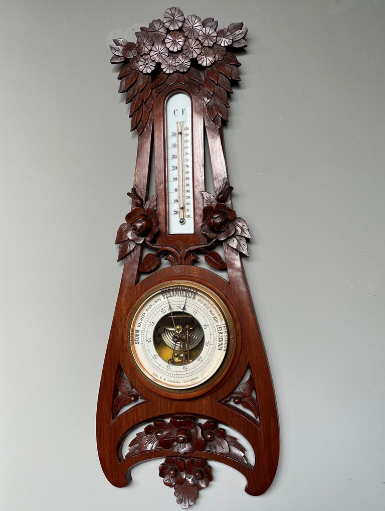 Large Antique Arts and Crafts Wall Barometer w. Hand Carved Roses and ...