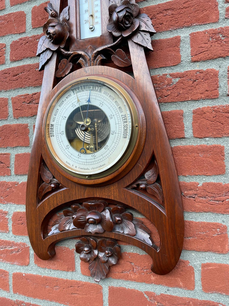 Large Antique Arts and Crafts Wall Barometer w. Hand Carved Roses and ...