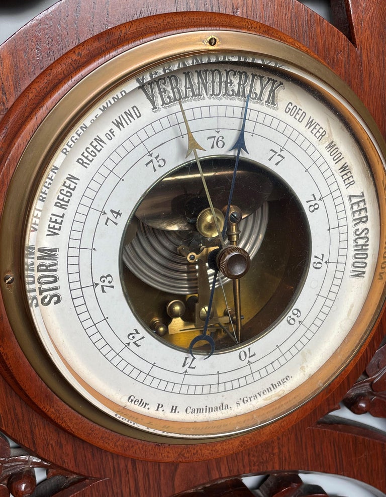 Large Antique Arts and Crafts Wall Barometer w. Hand Carved Roses and ...