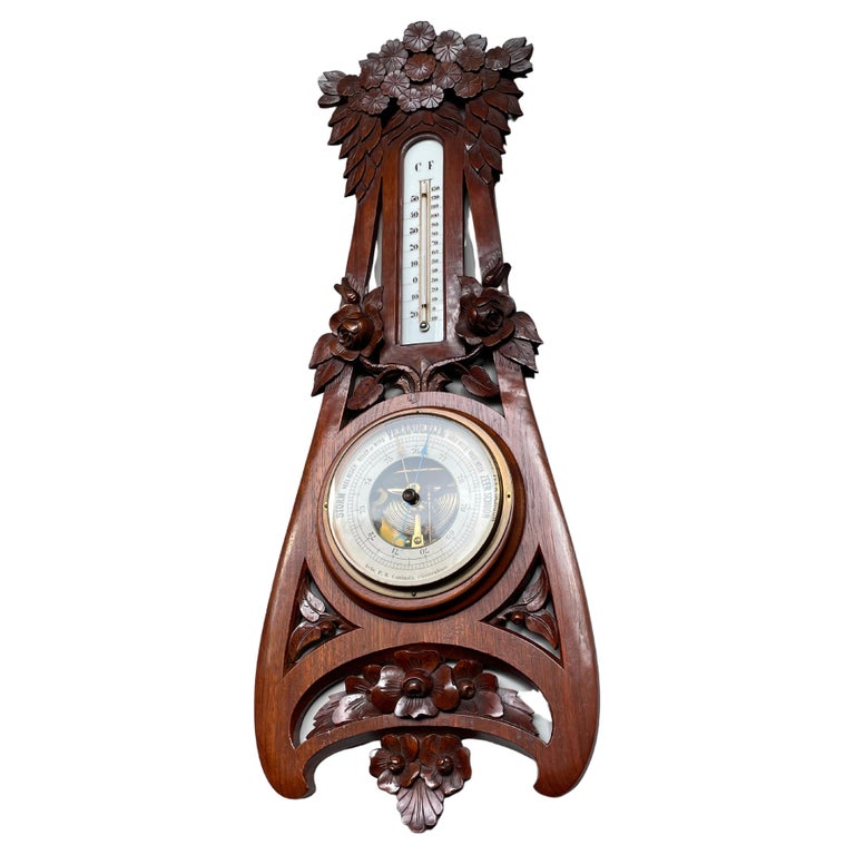 Large Antique Arts and Crafts Wall Barometer w. Hand Carved Roses and ...