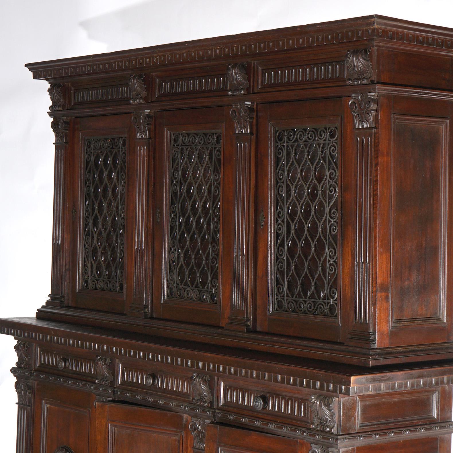 Large Antique Baroque Carved Walnut, Wrought Iron and Glass Hunt Board ...