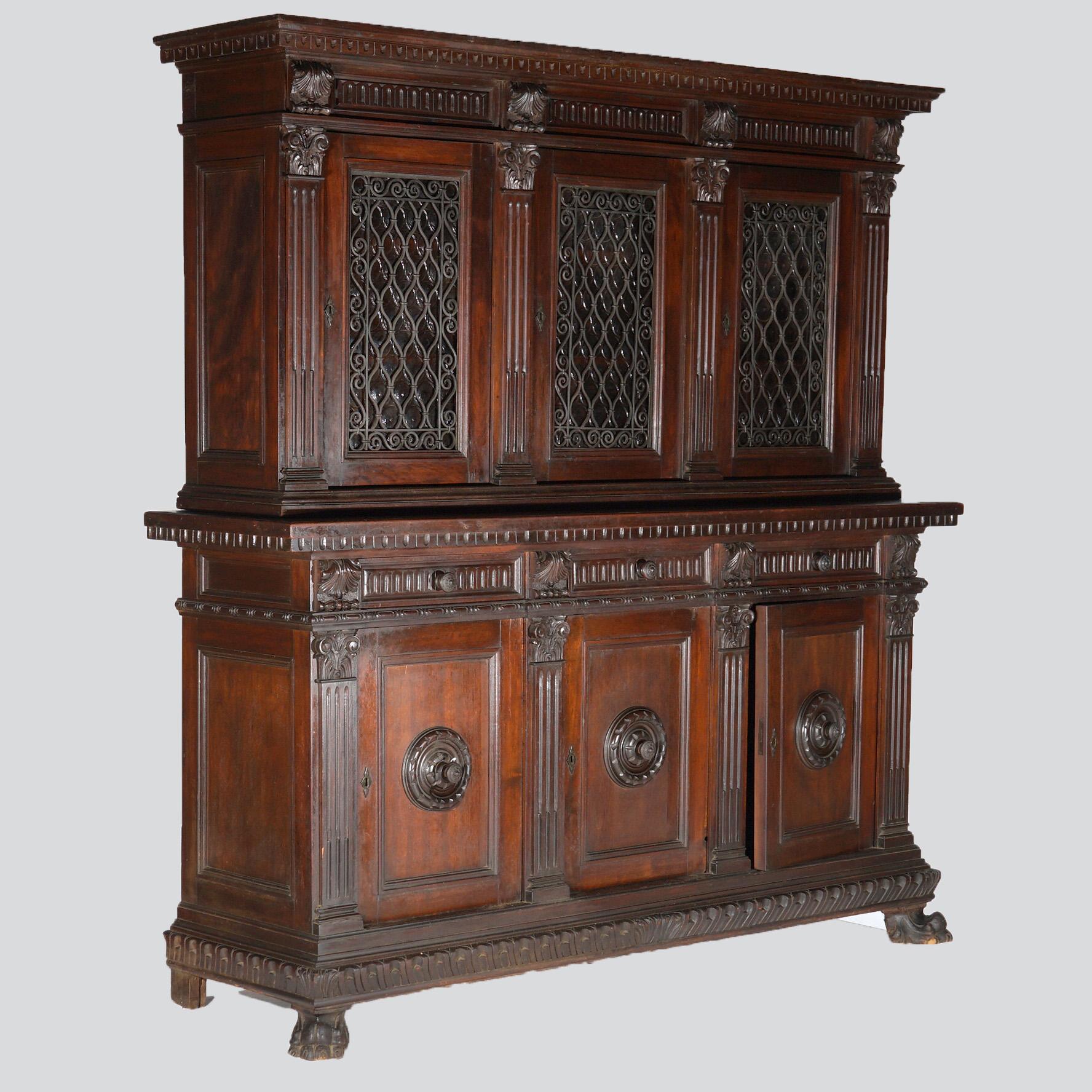 Large Antique Baroque Carved Walnut, Wrought Iron and Glass Hunt Board ...