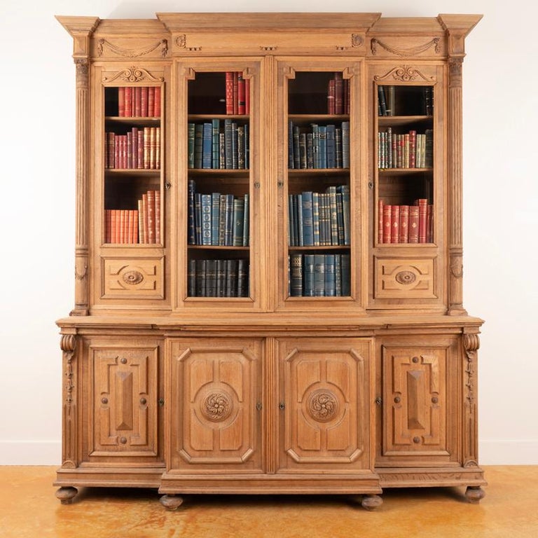Large Antique Bleached Carved Oak Bookcase Cabinet from France at 1stDibs
