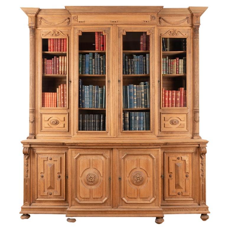 Large Antique Bleached Carved Oak Bookcase Cabinet from France at 1stDibs