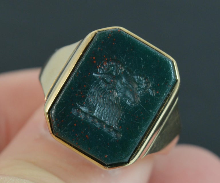 Large Antique Bloodstone Ram Intaglio 9 Carat Gold Seal Signet Ring at ...