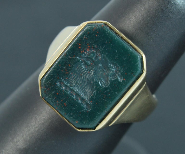 Large Antique Bloodstone Ram Intaglio 9 Carat Gold Seal Signet Ring at ...