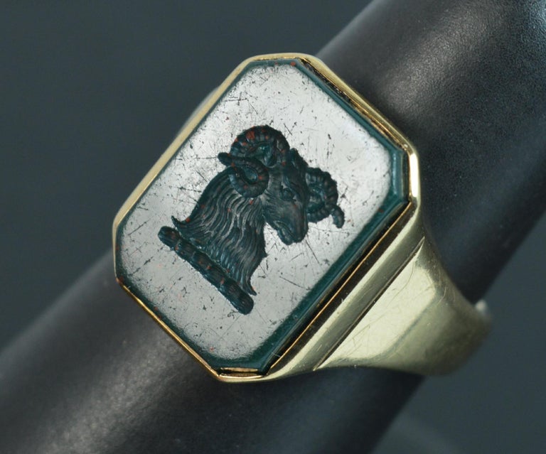 Large Antique Bloodstone Ram Intaglio 9 Carat Gold Seal Signet Ring at ...