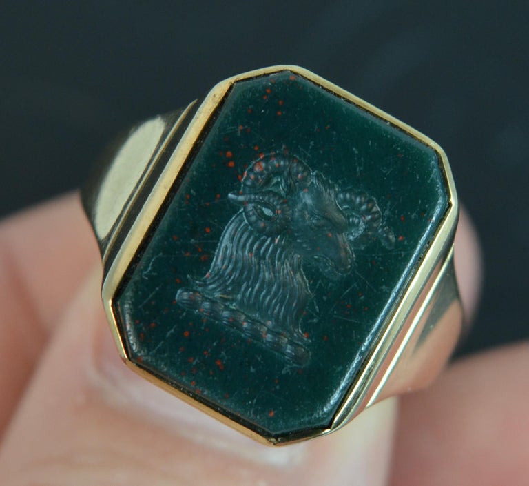 Large Antique Bloodstone Ram Intaglio 9 Carat Gold Seal Signet Ring at ...
