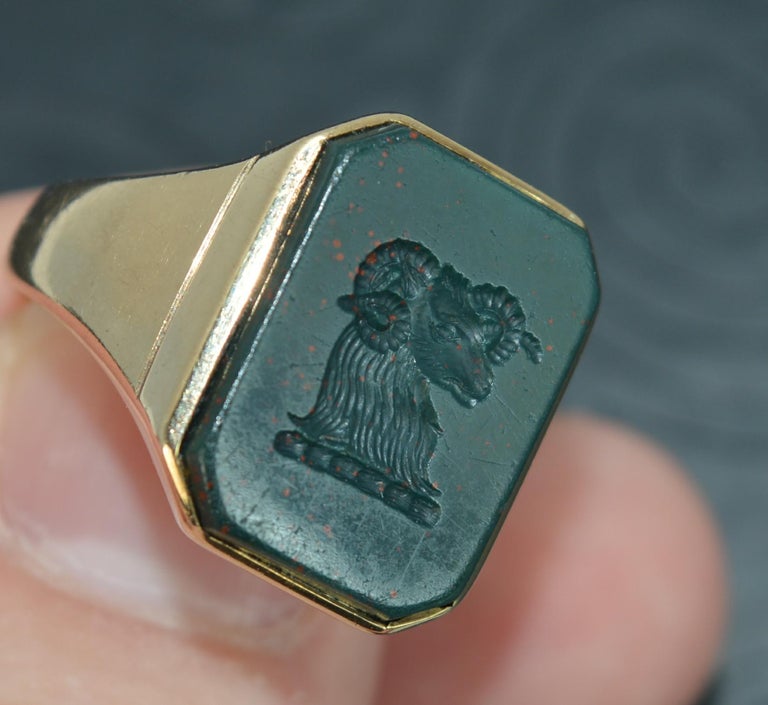Large Antique Bloodstone Ram Intaglio 9 Carat Gold Seal Signet Ring at ...