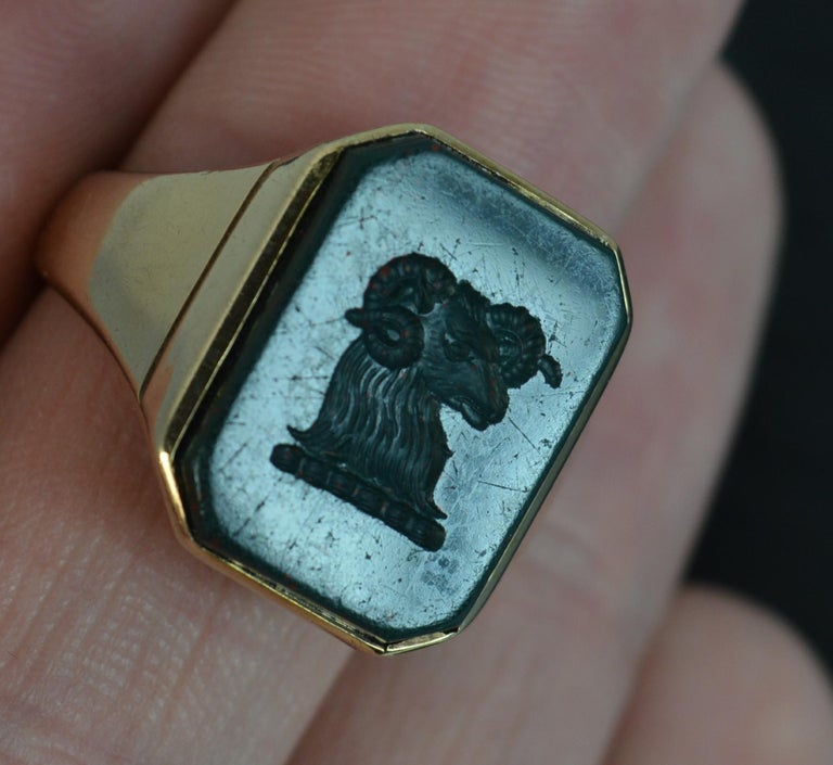 Large Antique Bloodstone Ram Intaglio 9 Carat Gold Seal Signet Ring at ...