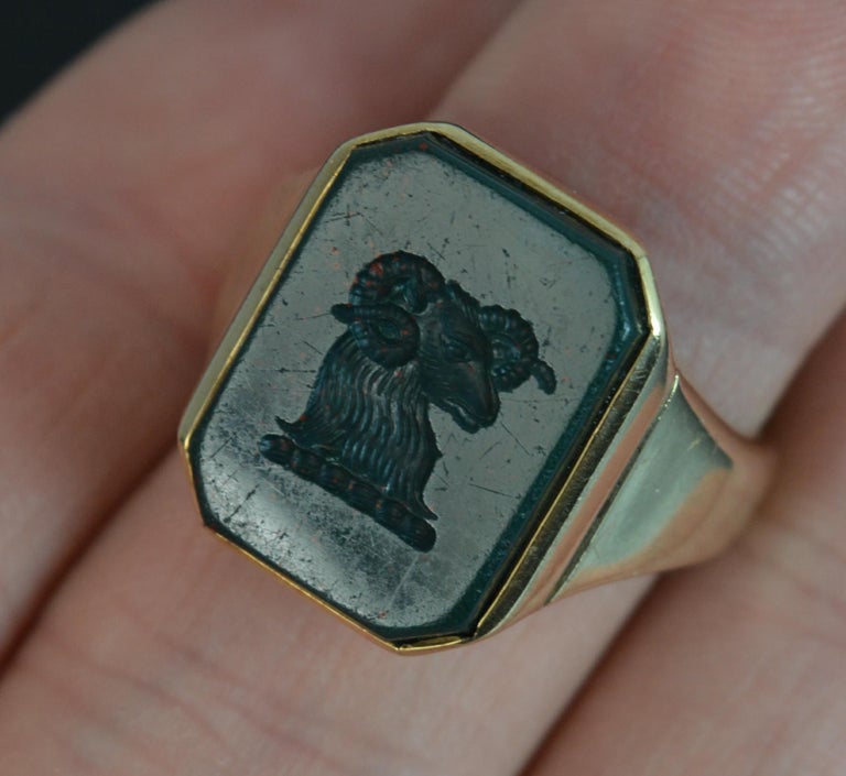 Large Antique Bloodstone Ram Intaglio 9 Carat Gold Seal Signet Ring at ...